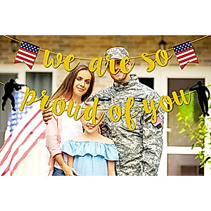 Military Going Away Party Decorations, Gold Glitter We Are So Proud of You Banner, We are So Proud of You American Flag Patriotic Soldier Banner for 4th of July Veterans Day Memorial Day Themed Party Decorations