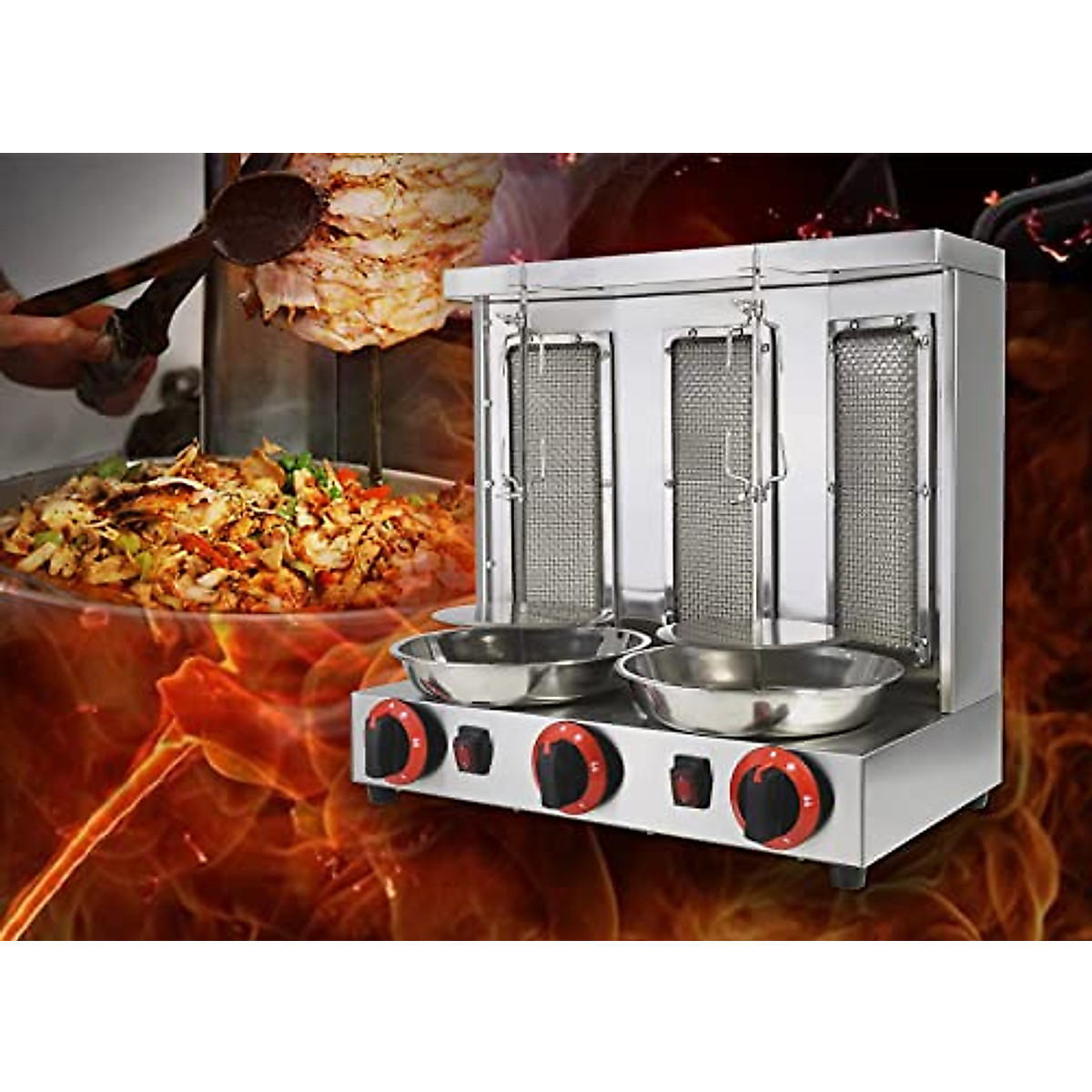 BNDHKR Homemade Chicken Shawarma Machine Commercial Turkish Chicken Doner Countertop Rotisserie Grill with 3 Burner Propane Vertical Kebab Broiler