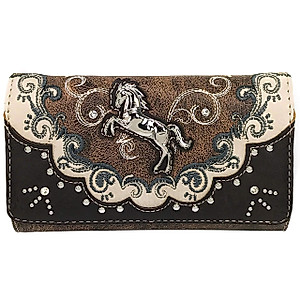 Zelris Western Mustang Horse Turquoise Women Crossbody Wrist Trifold Wallet (Brown)