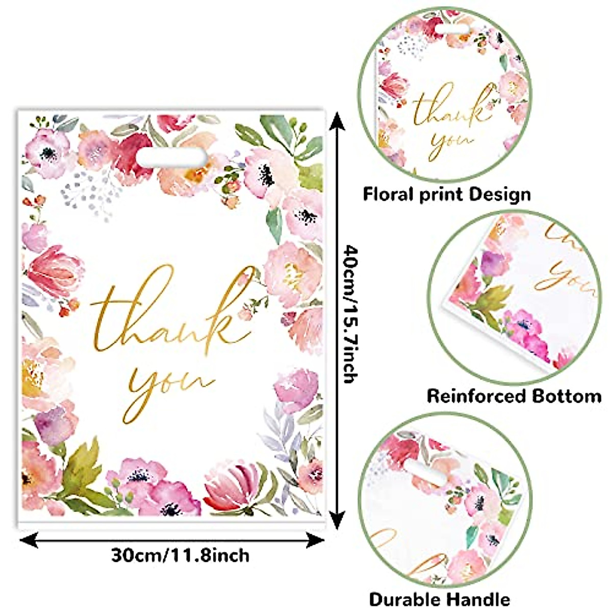 Whaline 48 Pack Thank You Bag with Die Cut Handle 4 Design Floral Theme Plastic Boutique Bags 12 x 16 Inch Bulk Thank You Gift Bags for Wedding Birthday Baby Shower Party Favors Shopping Retail