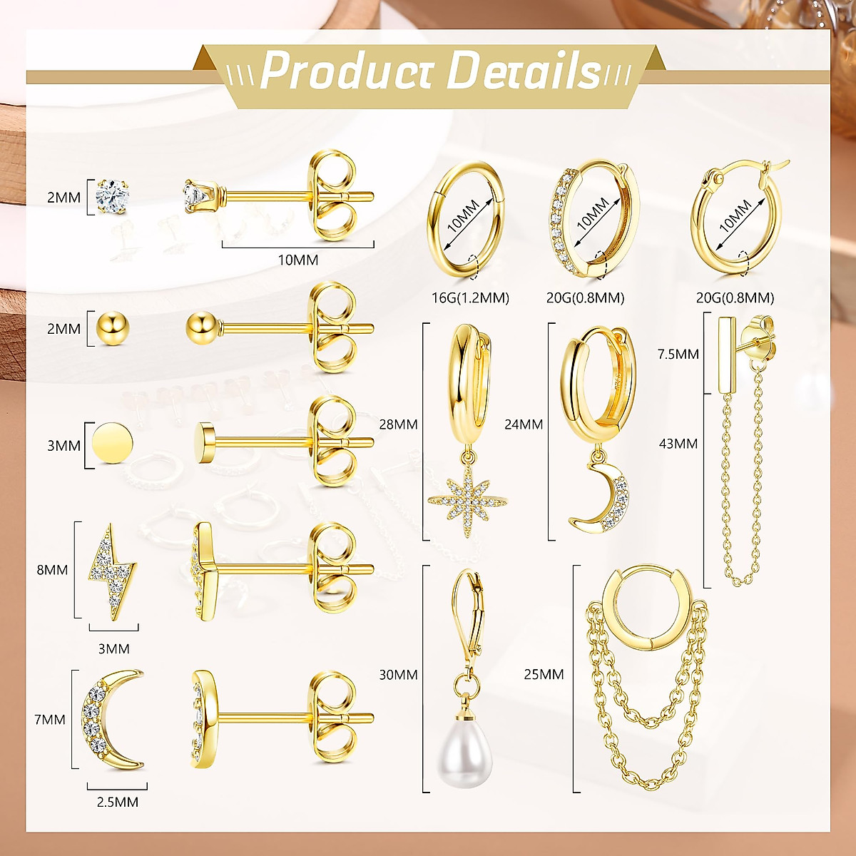 FASACCO 18K Gold Plated Chain Earrings Set: 12Pcs Stainless Steel Hoop, Stud, Pearl, Moon & Star Dangle Earrings for Multiple Piercings