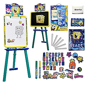 Spongebob Standing Art Easel for Kids, Toddler Drawing Dry Erase Magnetic Whiteboard, Chalkboard, Accessories and Number 1 in Service Tissue Pack (47 Pieces)
