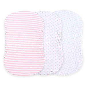 NODNAL CO. 3 Fitted Bassinet Sheets Pink Set for Baby Girl - 100% OEKO-TEX Cotton - Chevron, Polka Dot and Stripe - for Cradle/Moses Basket Hourglass, Oval & Rectangle Mattress Sheet