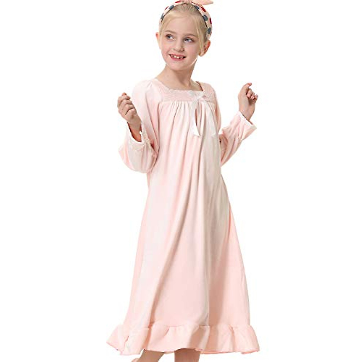 PUFSUNJJ Girls Princess Nightgown,Winter Long Sleeve Flannel Nightdress Pajamas Dress Kids 3-12 Years Lightpink