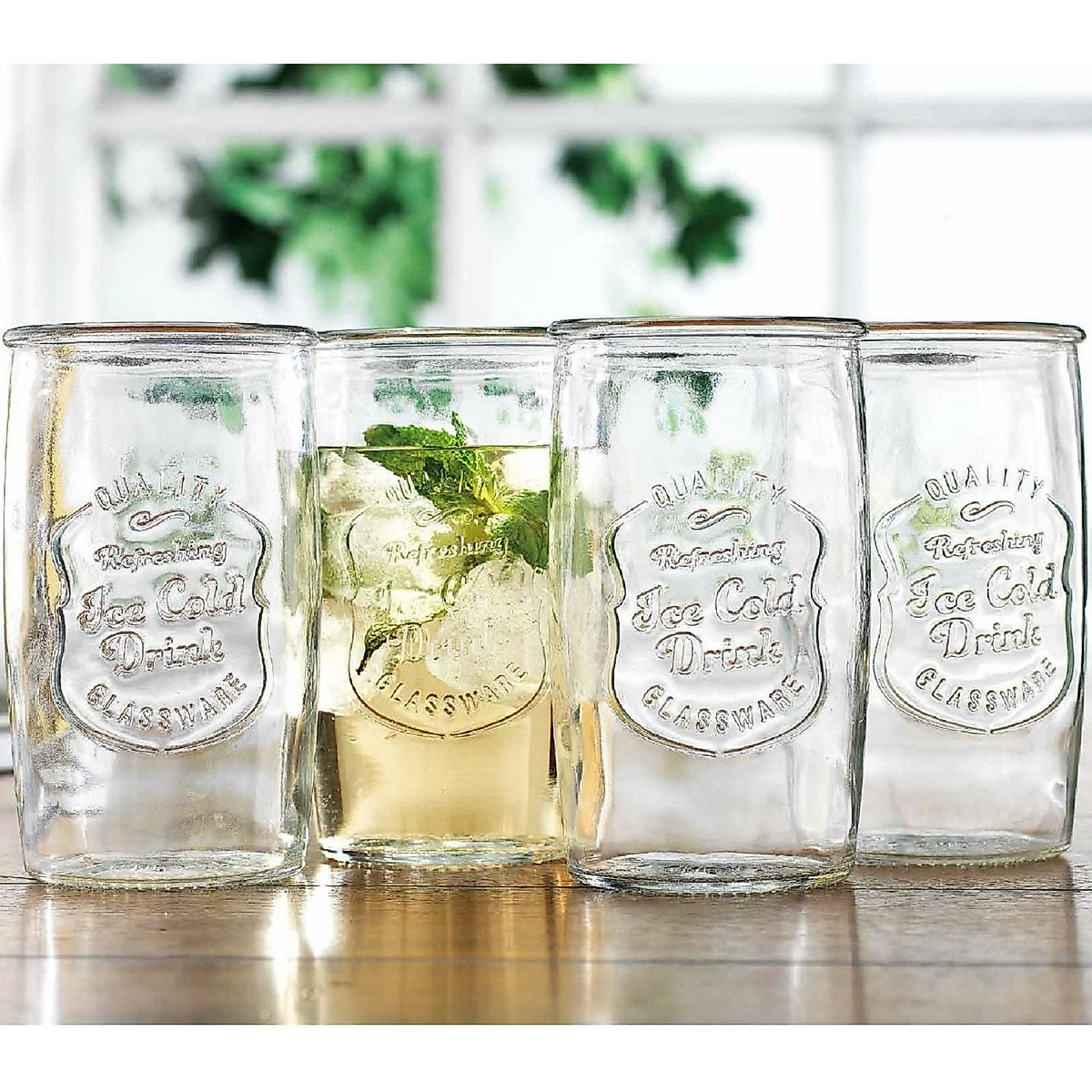Glaver's Drinking Glasses Set of 4, Vintage Italian Style – Elegant 20 Oz Clear Tumbler Glassware Set– Genuine Artisan-Made for, Refreshing Drinks, Beverages, Cocktails.