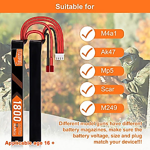 Crazepony Airsoft Battery 11.1V Rechargeable 3S LiPo 1800mAh 30C Nunchuck Split Pack Battery with Deans T Plug to Mini Tamiya Cable for Airsoft Model Guns Rifle
