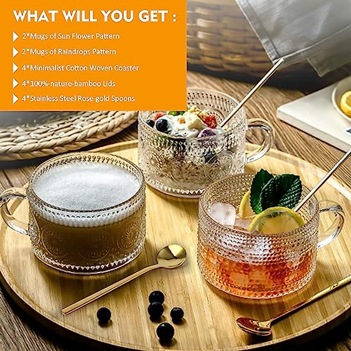 AKALOL Vintage Coffee Mugs,4pcs Set Overnight Oats Containers With Lids Coaster Spoons - 14oz Clear Embossed Glass Cups,Coffee Bar Accessories,Iced Coffee Glasses,Ideal for Cappuccino,Tea, Latte