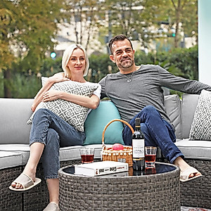 SUNSITT Outdoor Patio Furniture 11-Piece Half-Moon Sectional Round Patio Furniture Set Curved Outdoor Sofa with Tempered Glass Round Coffee Table, 4 Pillows, Grey Rattan & Light Grey Cushion