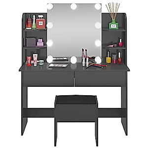 AVZEAR Vanity Set with LED Lighted Mirror, Large Vanity Dressing Table with Cushioned Stool Makeup Vanity Mirror with Lights, Black