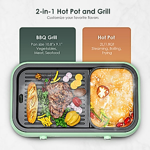 Electric Hot Pot with Grill, 2 In 1 Multi-function Barbecue Shabu Hot Pot, Independent Dual Temperature Control, Detachable Smokeless Non-Stick Shabu Korean BBQ Grill, Easy Cleaning
