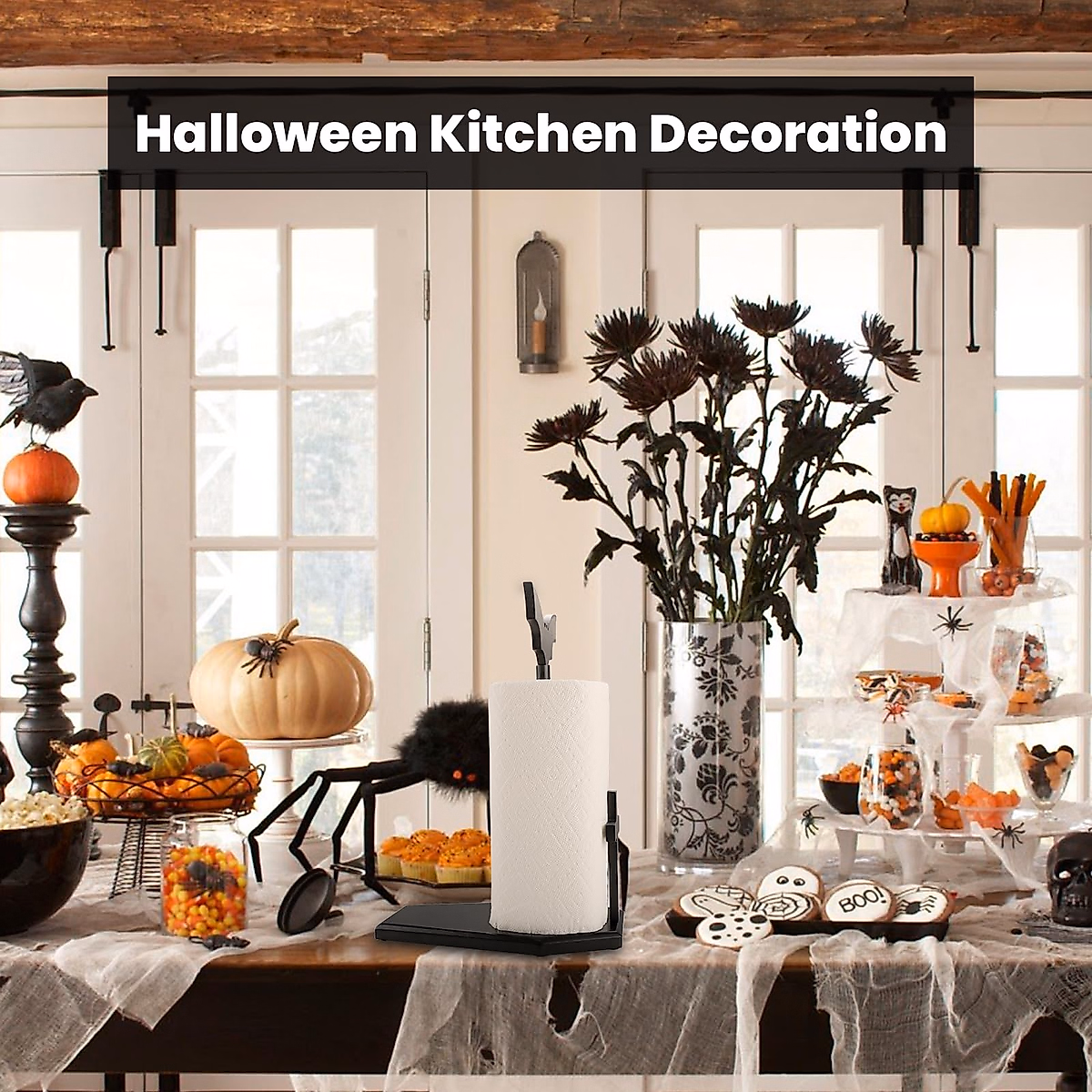 Bat Paper Towel Holder Countertop Large,Wooden Halloween Kitchen Paper Towels Holder Stand for Large Size Rolls,Black Halloween Decor Gothic Decor for Kitchen and Bathroom. (Bat)