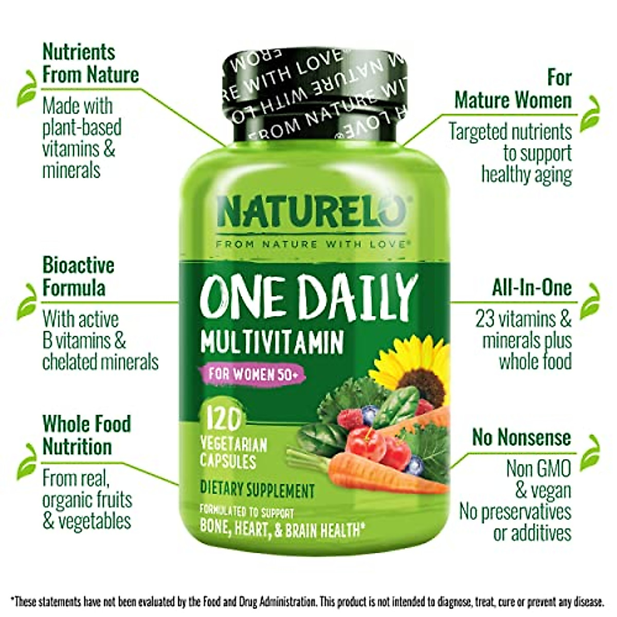 NATURELO One Daily Multivitamin for Women 50+ (Iron Free) - Menopause Support for Women Over 50 - Whole Food Supplement - Non-GMO - No Soy - 120 Capsules - 4 Month Supply