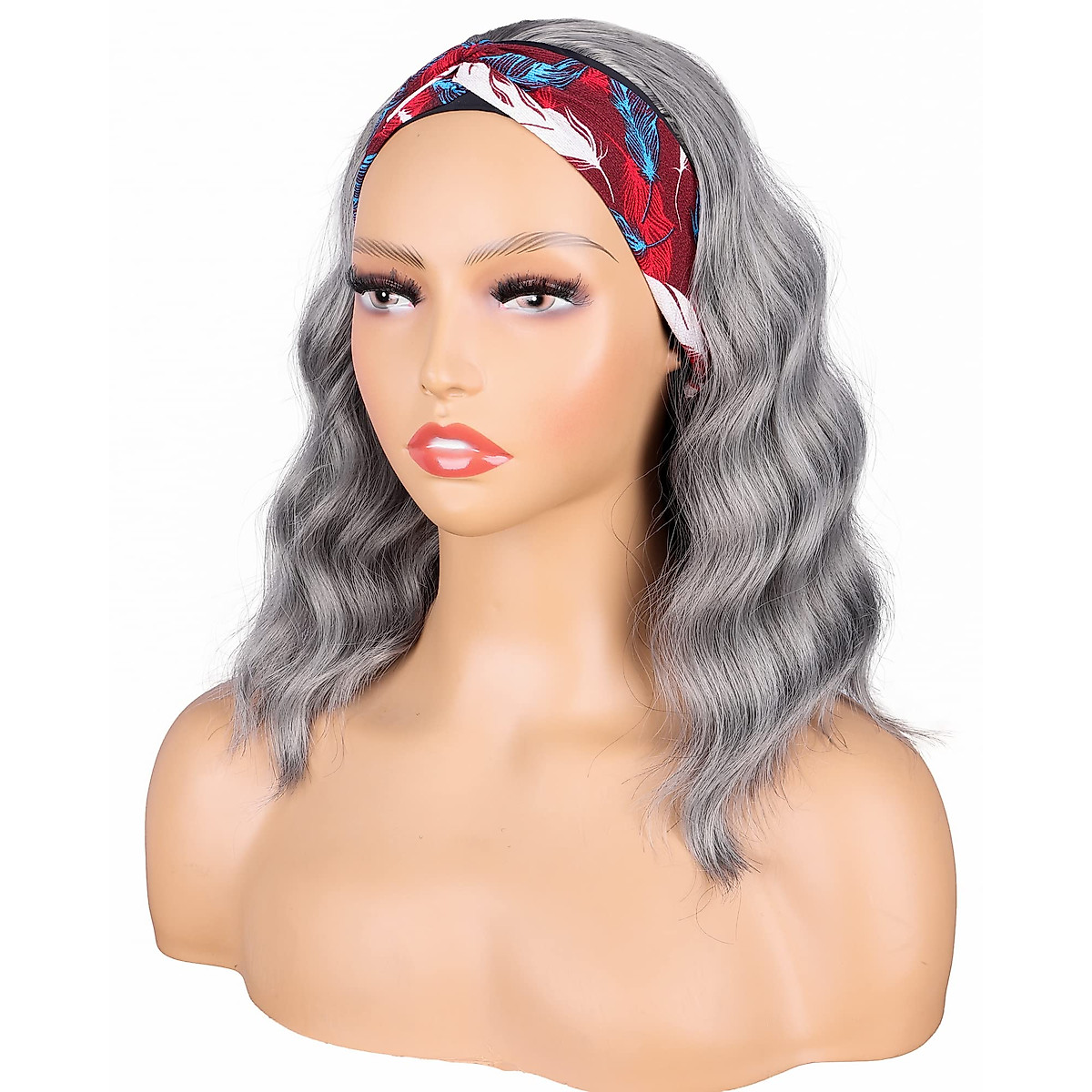 SYMEIW Silver Grey Wavy Headband Wig For Black Women Curly Half Wigs With Headband Attached Synthetic Wrap Wigs Turban Wigs For Women(Gray)…