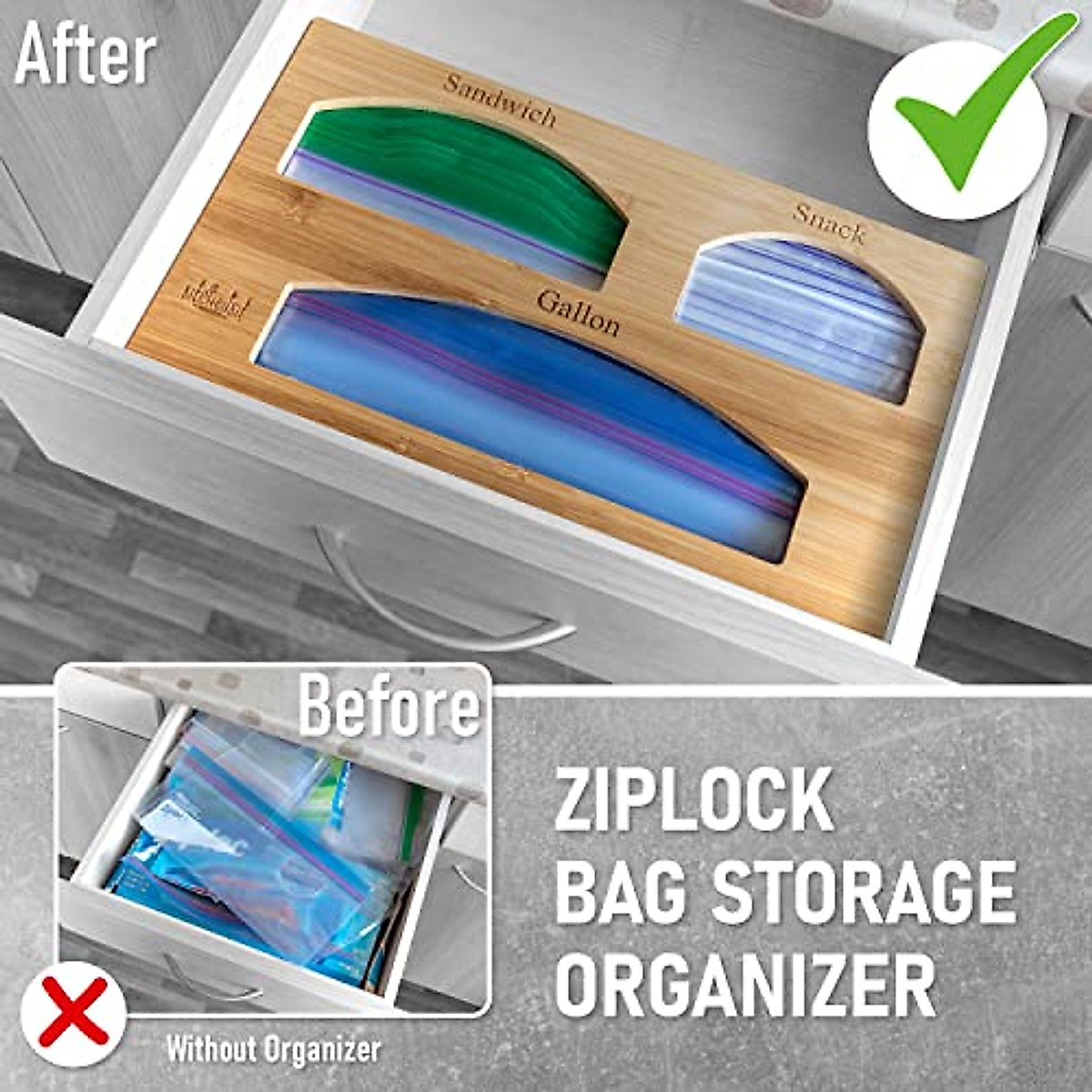 KitchenKit Bamboo Ziplock Bag Storage Organizer and Dispenser for Narrow Kitchen Drawer Suitable Gallon, Sandwich Snack Sizes, Plastic Baggies 3 Compartments Wooden Holder