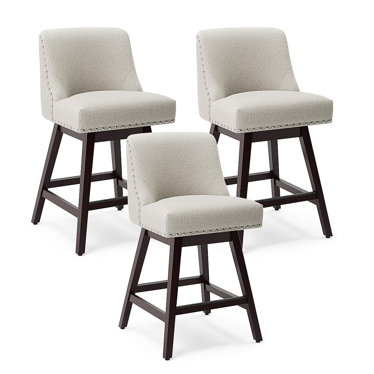 Cozyman 26 Inch Bar Stools Set of 3, Light Gray Swivel Counter Stools with Back, Linen Fabric Upholstered Barstools, Solid Wood Legs with Footrest, Modern Bar Stool for Kitchen Island, Pub