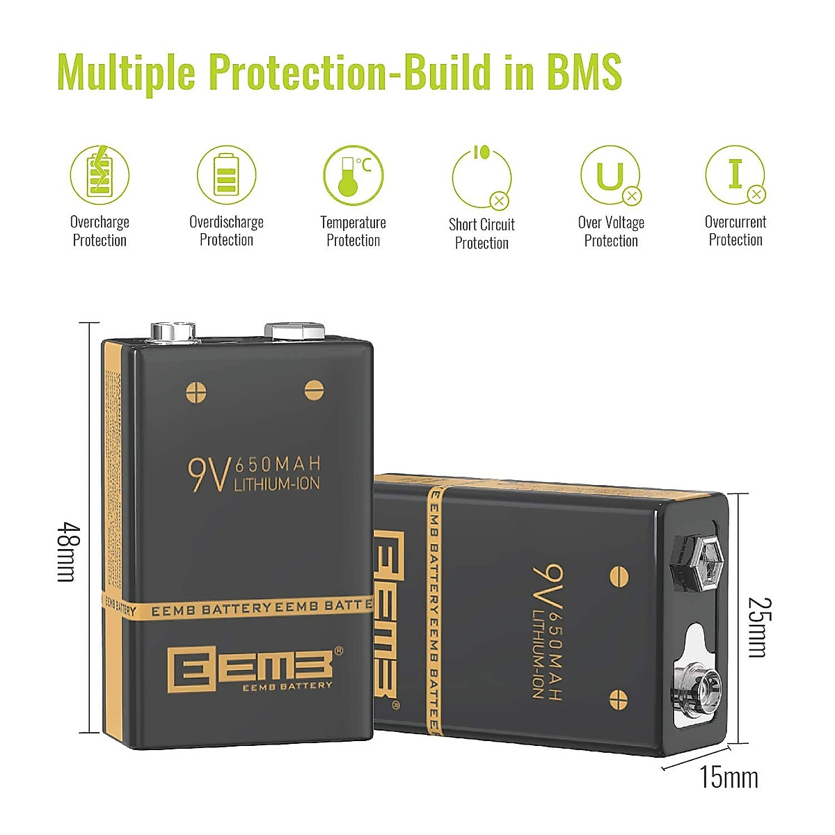 EEMB 9 Volt Rechargeable Batteries 650mAh with 9V Battery Charger for Smoke Alarm Detector 4-Packs