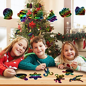 60 Pcs Christmas Scratch Art for Kids, Rainbow Scratch Paper Christmas Crafts for Kids, Scratch Art for Christmas Party Favors Gifts DIY Craft Decoration (60 Papers, 60 Cords and 24 Wood Sticks)