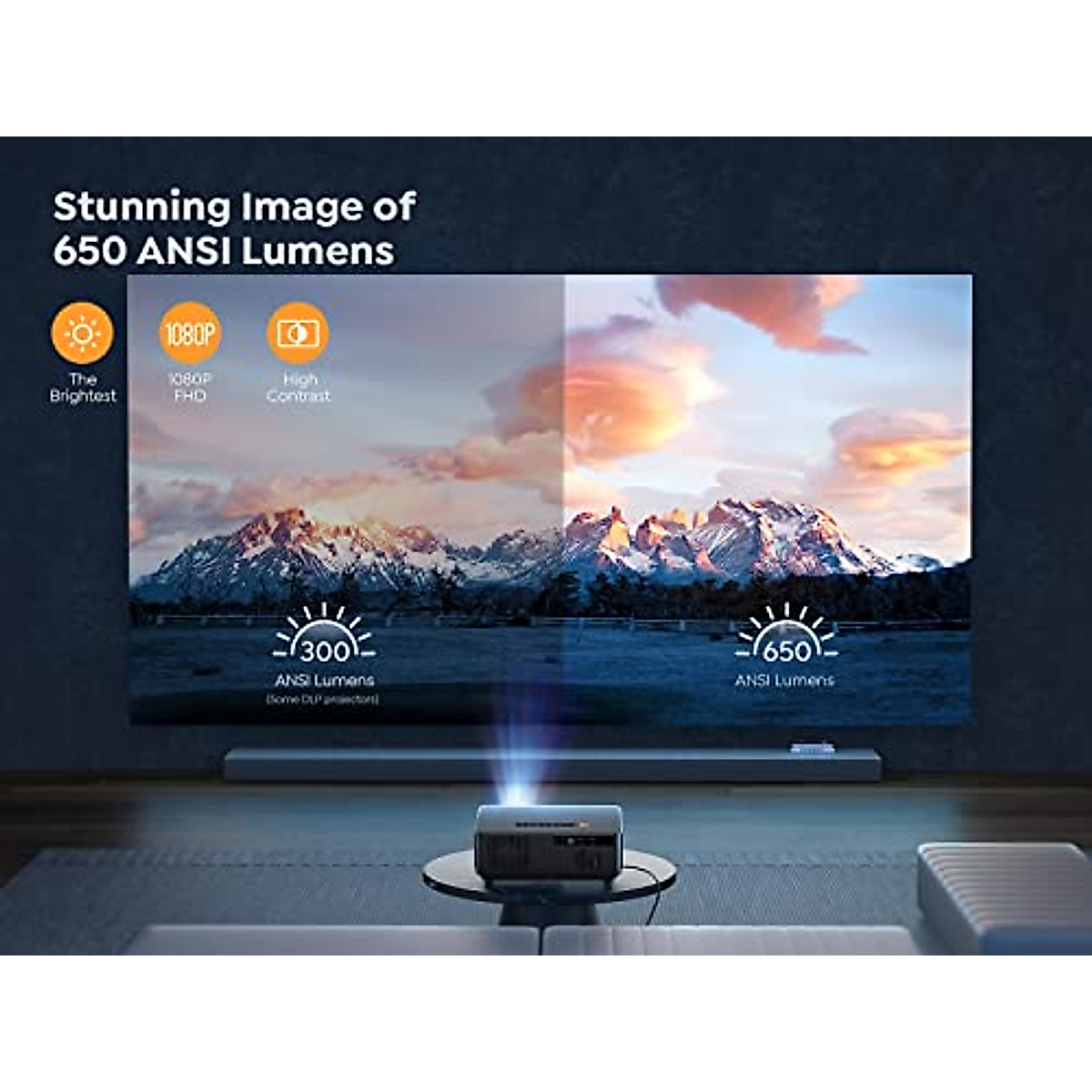 YABER K1 Projector 650 ANSI Ultra Bright, Home Theater Movie Projector with WiFi 6 and Bluetooth, Native 1080P& 4K Supported &Auto Screen&Full-Sealed Engine, Wireless Casting/HDMI/USB/TV Stick/PPT