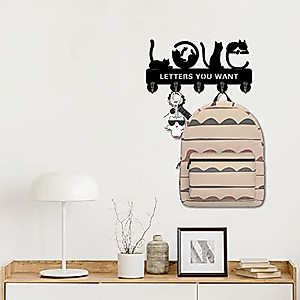 KingLive Cat Key Hooks for Wall, Handmade Key Hooks for Wall, Black Wooden Cat Key Holder with 5 Metal Key Rack Organizer for Wall Decorative, Gifts for Cat Lovers