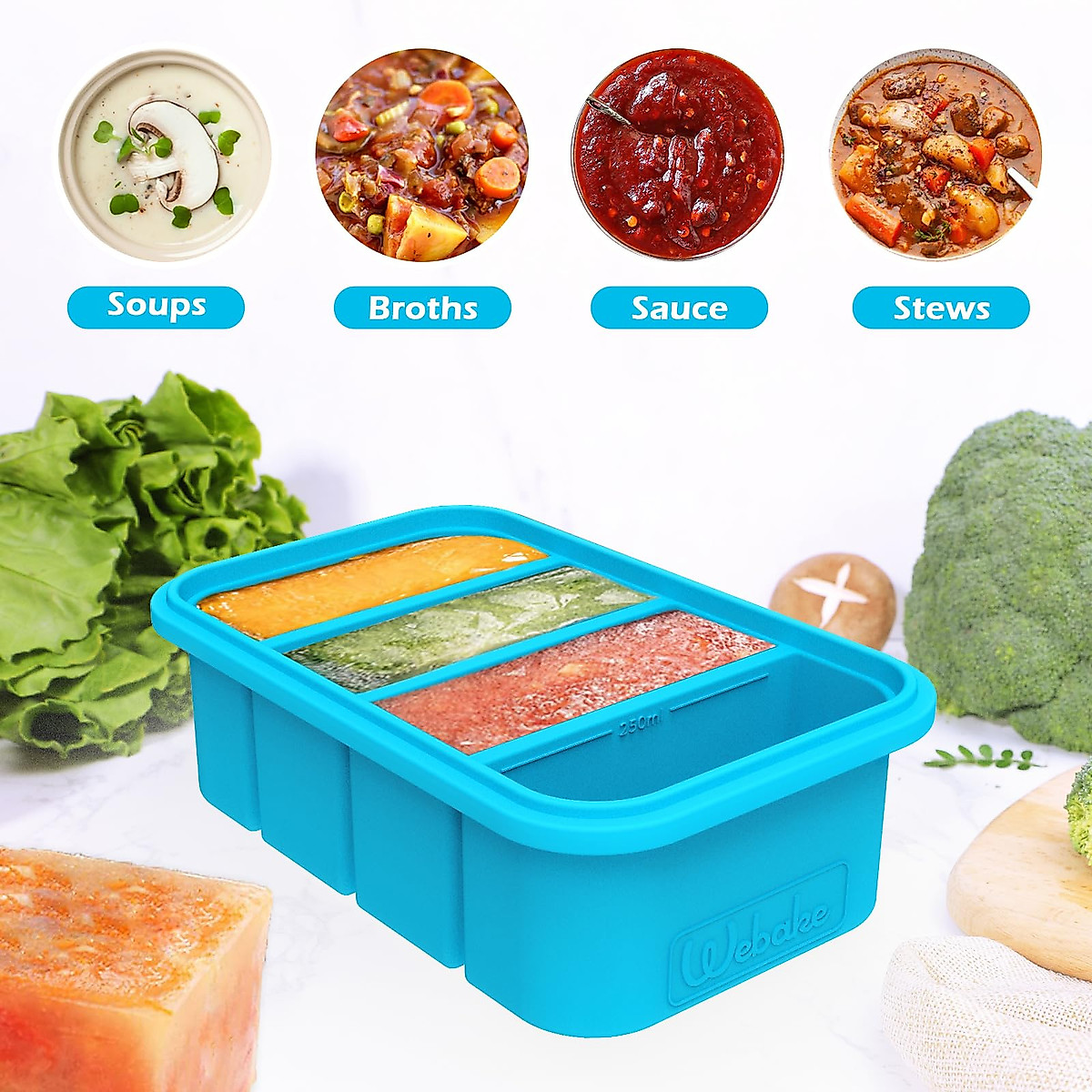 Webake Silicone Freezer Tray with Lid, Food Storage Container, 1 Cup Portion, Ice Cube Tray for Soup Sauce Meal Prep, BPA Free