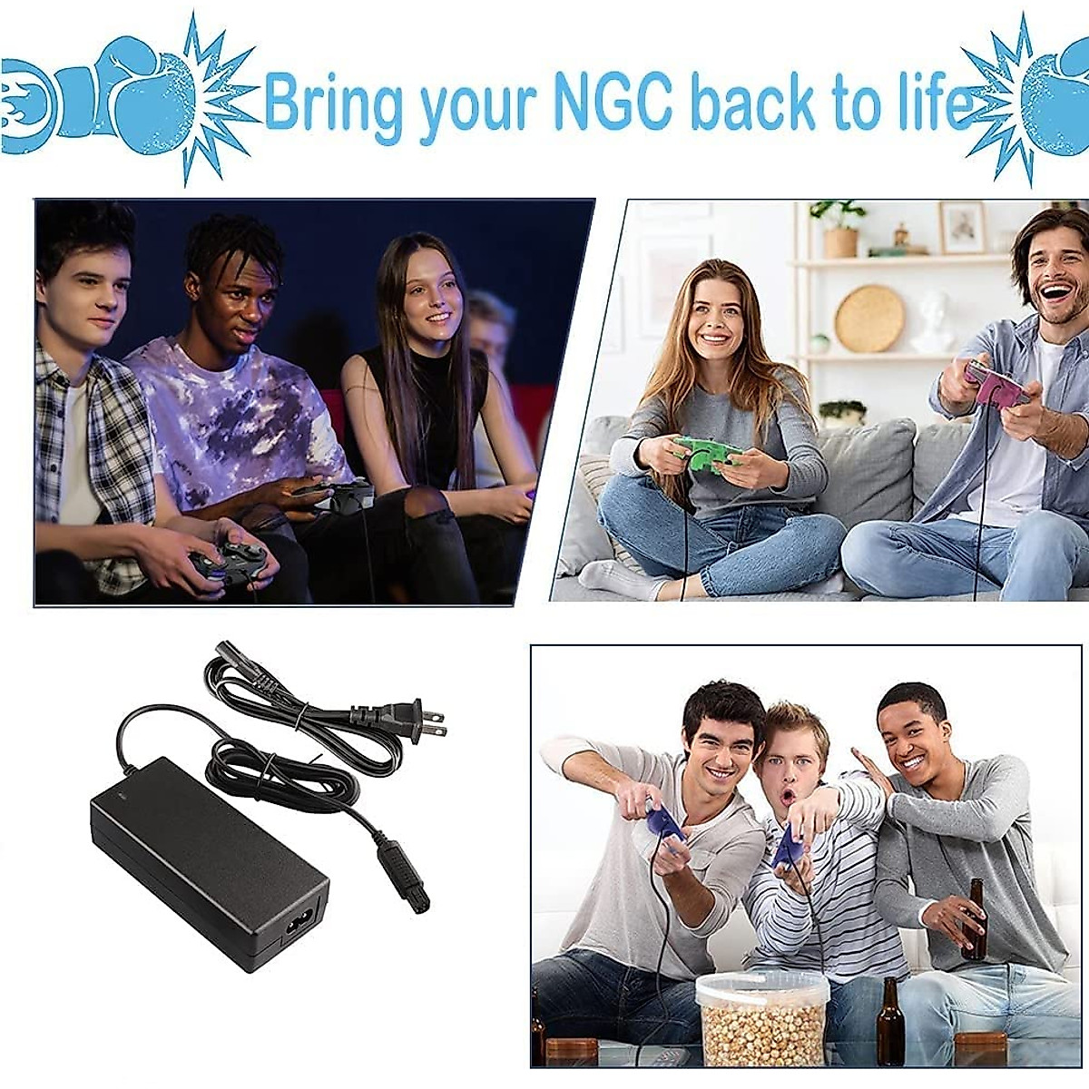 GameCube Power Cord for Nintendo NGC Console System - 12V AC Adapter, AV Cable, DC Power Supply, OEM Replacement Charger for Game Cube & Nintendo 64