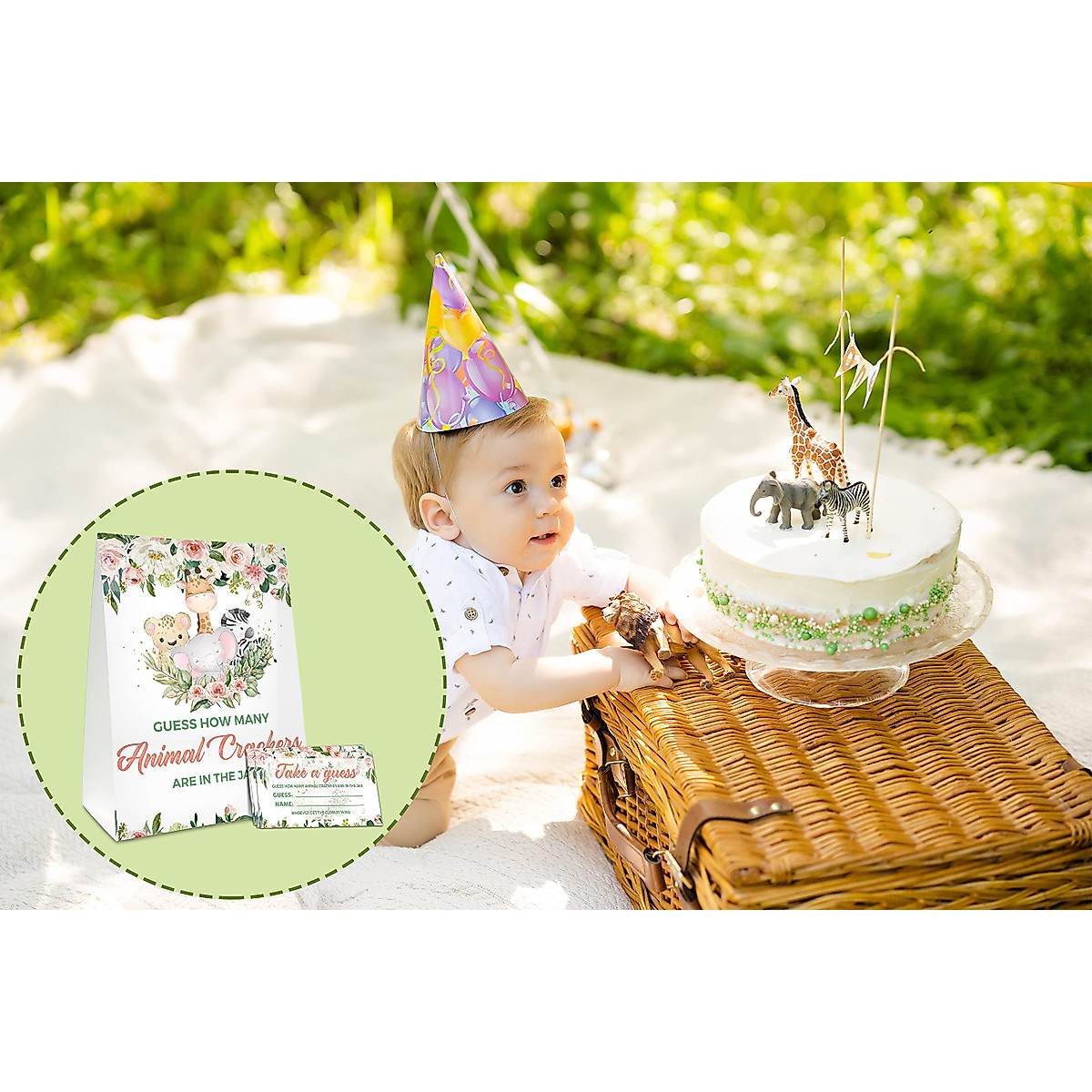 Eyouyeqi How Many Animal Crackers Are In The Jar, Blush Pink Boho Floral Baby Shower Game, Safari Jungle Animals Baby Shower Decorations For Boys Girls - (1 Sign + 50 Guessing Cards) - 01