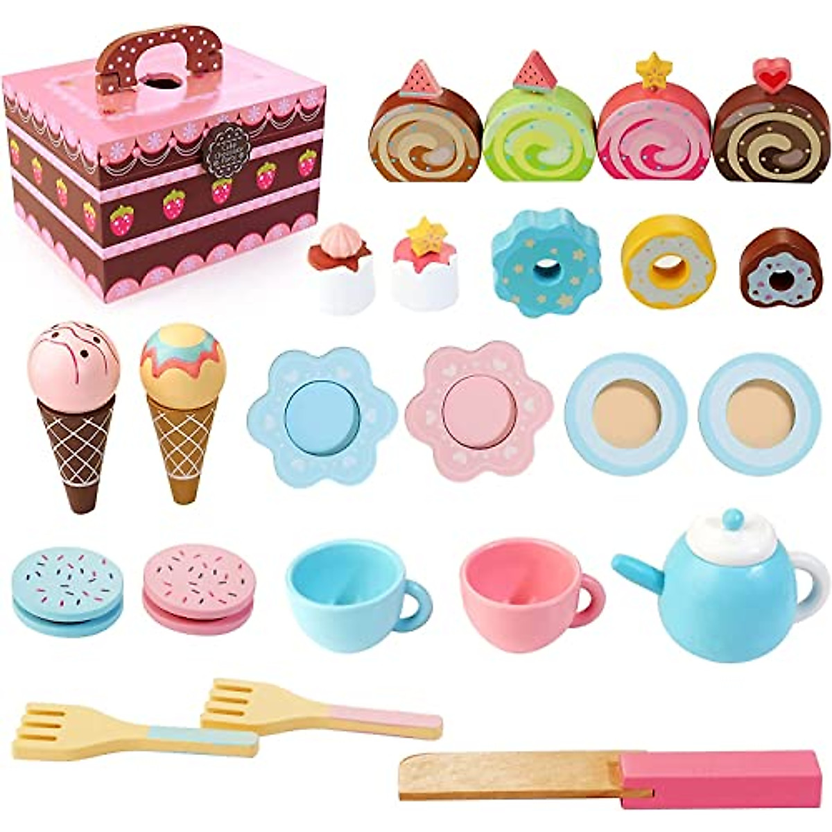 Lawcephun Wooden Tea Party Set for Little Girls, 30pcs Princess Tea Set Toy for Pretend Play, Montessori Toys for Toddlers Age 3-6, Birthday Gifts for Girls & Boys