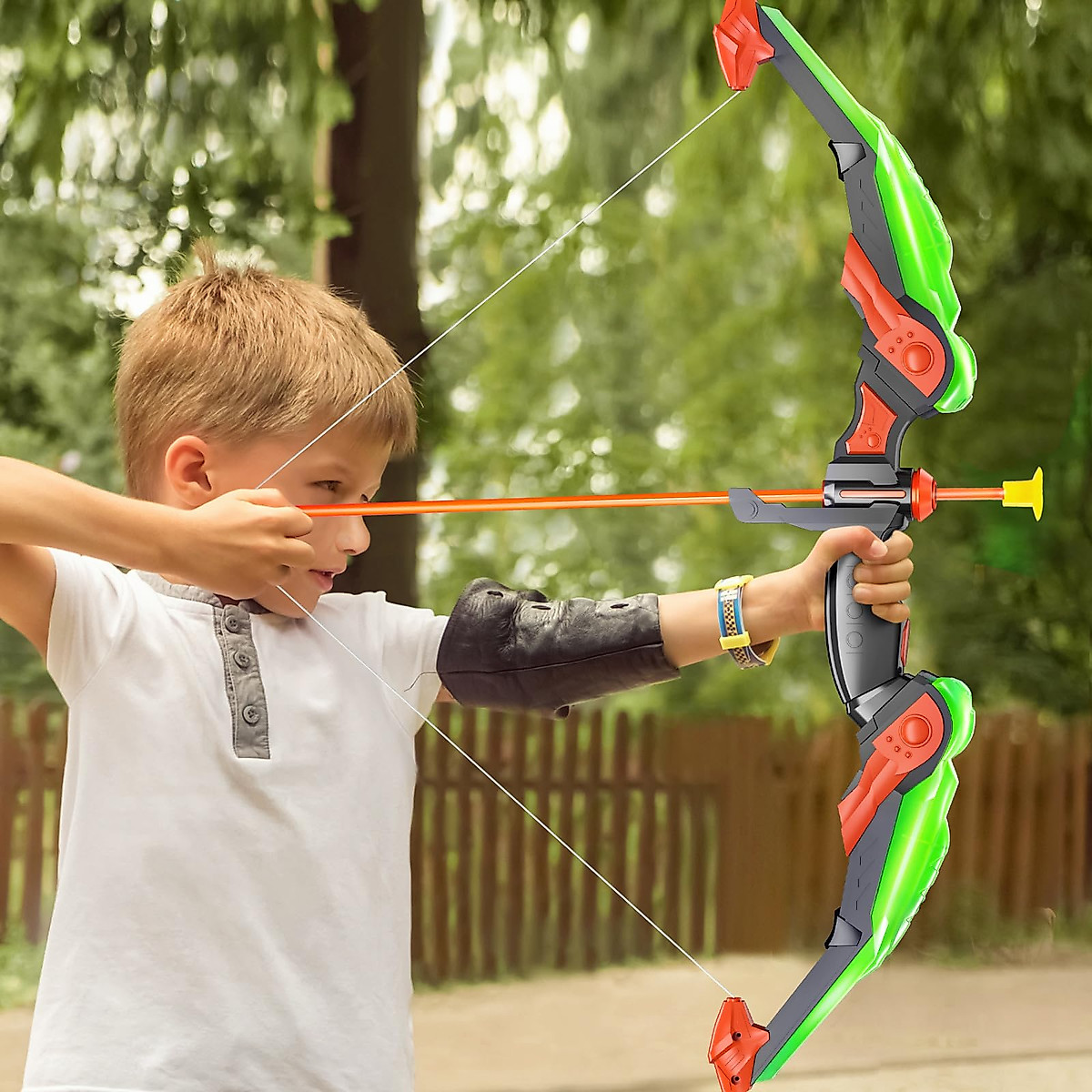 TEMI Kids Bow and Arrow Set - LED Light Up Archery Toy Set with 10 Suction Cup Arrows, Target & Quiver, Indoor and Outdoor Toys for Children Boys Girls