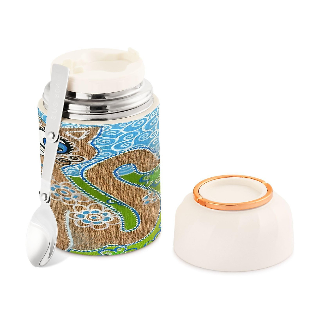 CUPADA Funny Cat Vintage Food Jar, Sky Flower Cute Insulated Hot Food Jars Vacuum 17OZ with Folding Spoon for Work Trip Picnic Camping