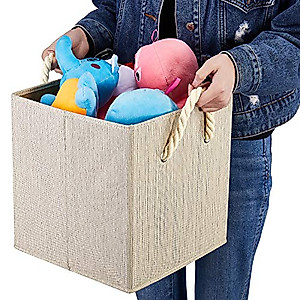 i BKGOO Foldable Storage Cube Bins Dark Grey Bamboo Fabric Collapsible Resistant Basket Box Organizer with Cotton Rope Handle for Home Office and Nursery 10.5x10.5x11 inch