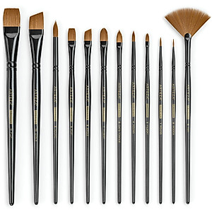 Arteza Paint Brushes, Set of 12, Premium Synthetic Acrylic & Oil Paint Brushes with Brass Ferrules & Wooden Birch Handles, Painting Art Supplies for Beginners and Experts