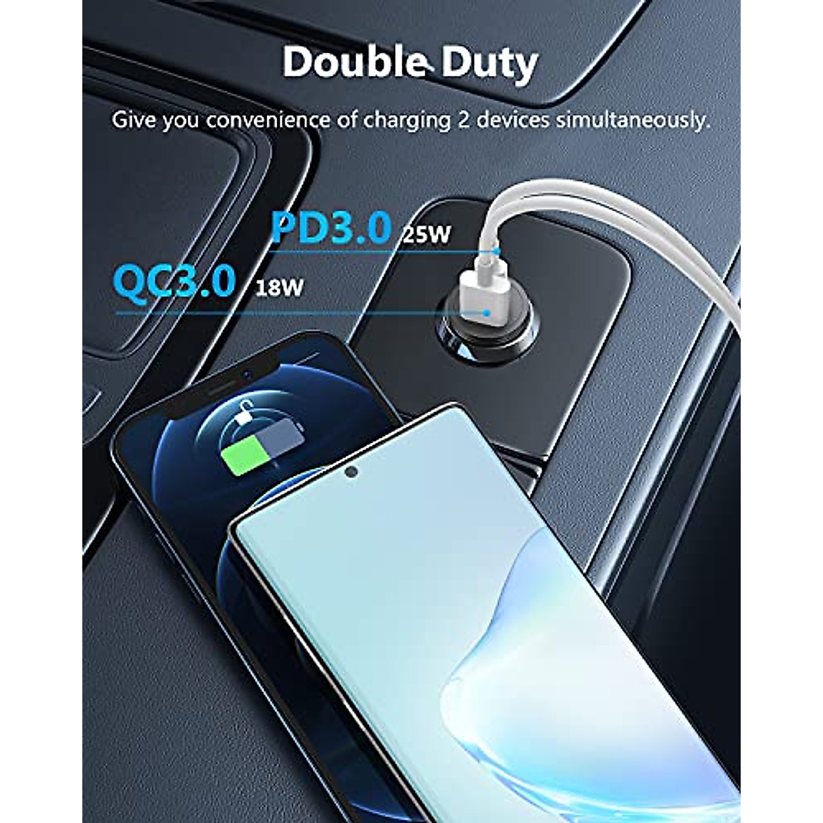 Car Charger for iPhone 13, 43W Fast USB C Car Charger Adapter Dual Port, 25W USB-C & 18W USB iPhone Car Charger Aluminum Alloy with Lightning Cable for iPhone 13/12 Pro Max/11 Pro/XS/XR/8 and More