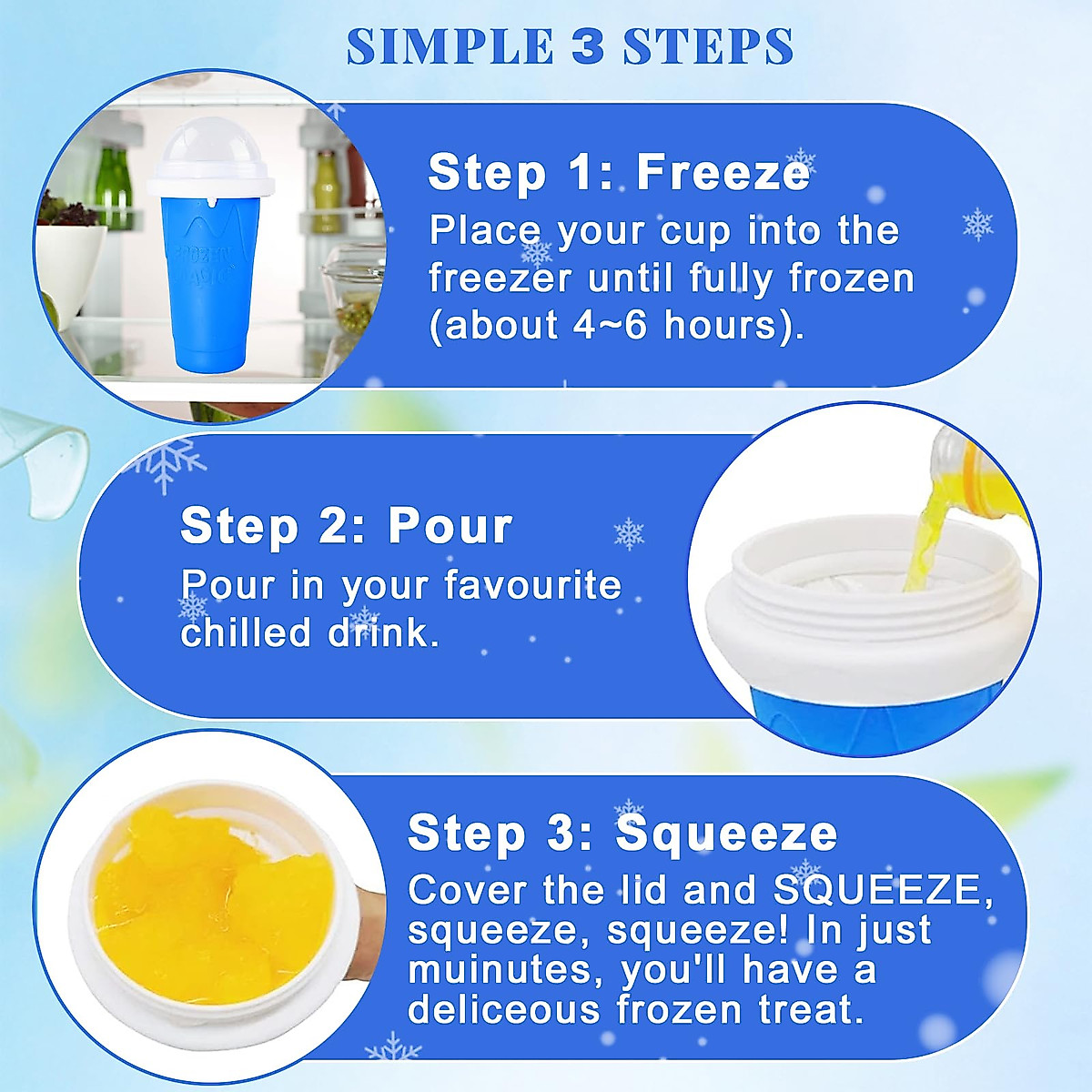 Slushie Cup, 2 Pack Slushy Maker Cup, Frozen Magic Squeeze Cups for Juice Milk Yogurt Ice Cream Make, DIY Smoothie Cooling Cup with Lid & Straw for Kids Friends Family (Blue+Pink)