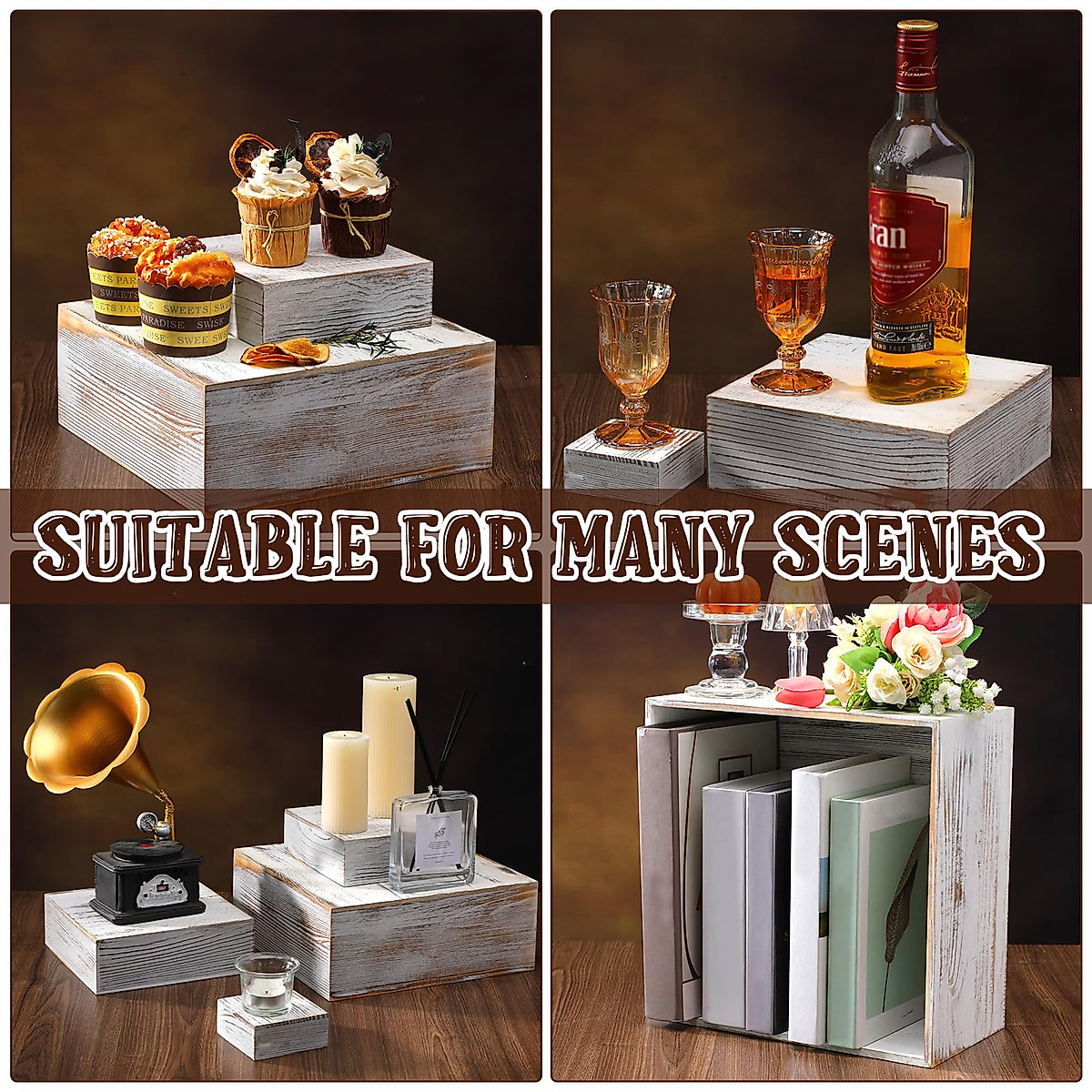 Roowest 6 Pcs Wood Cupcake Display Stand Whitewashed Decorative Dessert Wood Cake Stand Risers Wooden Rustic Square Stackable Decorative Box Risers for Wedding Birthday Christmas Party