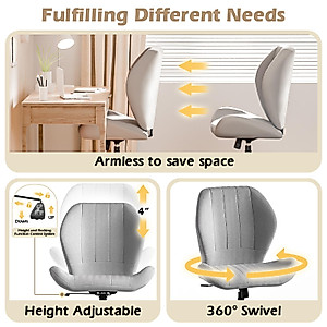 ZZW Cross Legged Chair Armless Office Chair with Wheels Wide Desk Chair with Tall Back Comfy Vanity Chair with Stress Relief Curved Design Seat Criss Cross Chair for Bedroom & Office & Home (Gray)