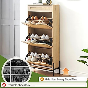 IDEALHOUSE Natural Rattan 3 Flip Door with 1 Drawer Shoe Cabinet Organizer Freestanding, Shoe Rack Storage Cabinet for Entryway with 3-Tier Adjustable Shelves for Slippers, Sneakers, Heels, Boots