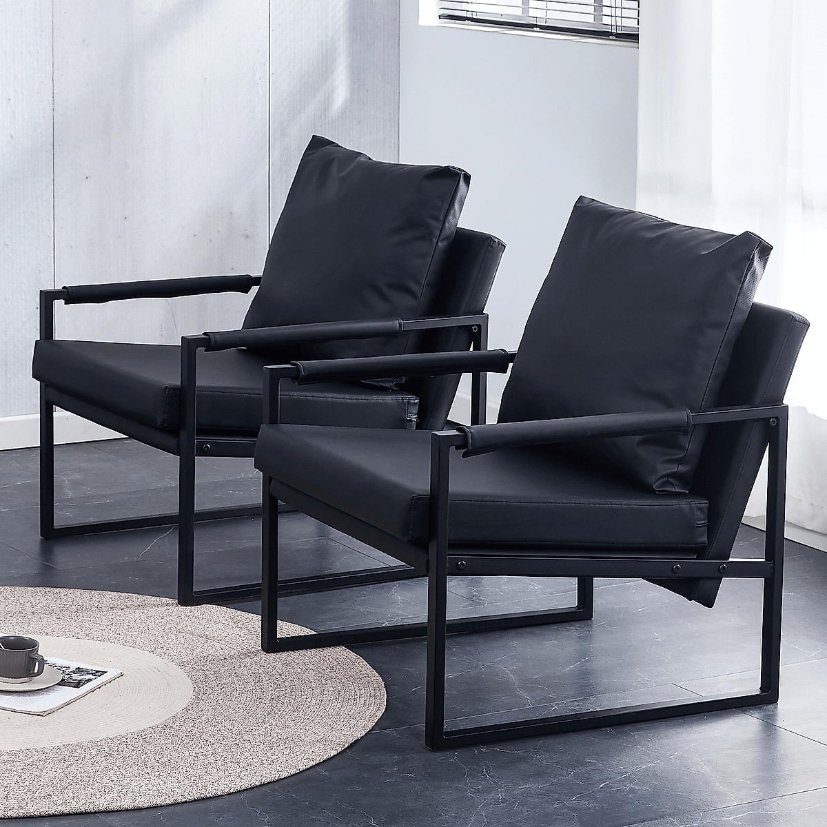 SPOFLYINN Furniture Soft Upholstered Armchair-Modern Metal Frame Pu Leather Accent Chair with Extra-Thick Padded Backrest & Seat for Home, Office, Living Room, Bedroom-Comfortable & Durable Black