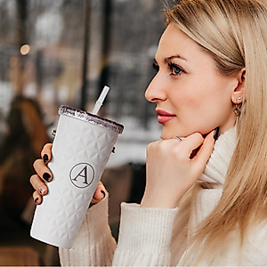 MEFELAY Initial Tumbler with Lid and Straw, 24oz Initial Stainless Steel Insulated Cup, travel coffee mug, Personalized Christmas Birthday Gifts for Women(letter M)