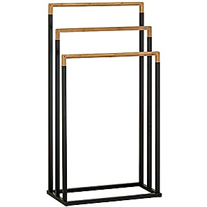 MyGift 33 Inch Black Chrome Plated Metal Freestanding Bathroom Towel Rack Stand with 3 Tier Bamboo Wood Bar, Laundry Room Drying Rack Stand