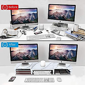 TEMI Dual Monitor Stand Riser with Adjustable Length and Angle, White Slate Texture Computer Monitor Stand, 3 Shelf Desktop Storage Organizer Riser for Laptop/Computer/TV/PC/Printer