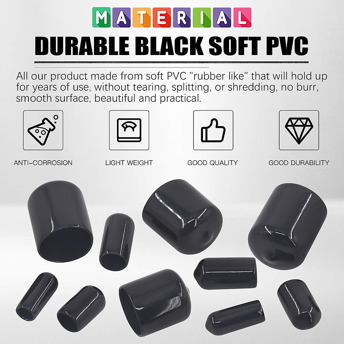 Glarks 48Pcs 1/4'' 3/8'' 1/2'' 3/4'' 7/8'' ID Black Rubber Thread Protector Covers Assortment Kit Vinyl Tube End Caps Round End Flexible Caps Set for Protecting Furniture Feet Tube and Screw