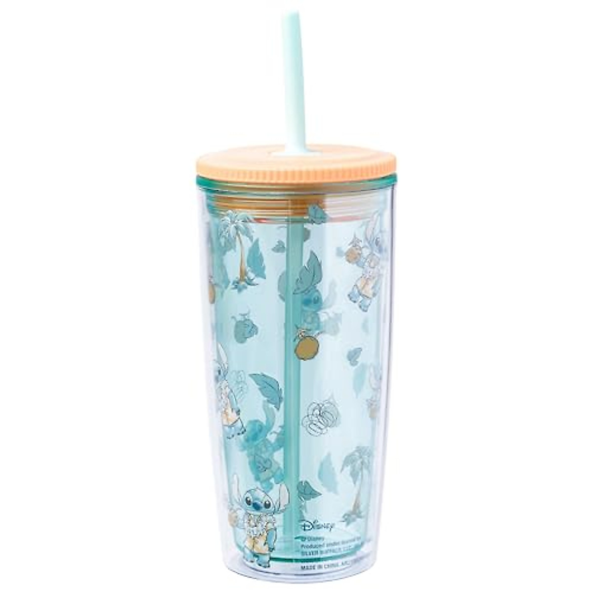 Silver Buffalo Disney Lilo and Stitch Featuring Stitch in Hawaiian Shirt, Lei, and Coconut Drink and Tropical Vibes Pattern Spill Resistant Plastic Tumbler and Straw, 20 Ounces