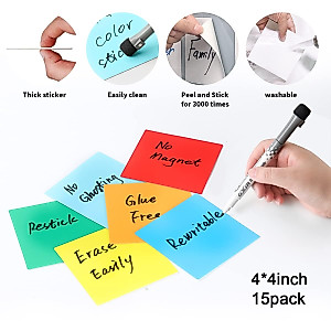 HOHI LINE Dry Erase Reusable Colorful Square 4x4 Self-Stick Notes Pads Sticky Post it Notes Magnetic Whiteboard Markers with Erasers (4"x4", Colorful 15pcs Note Pad)