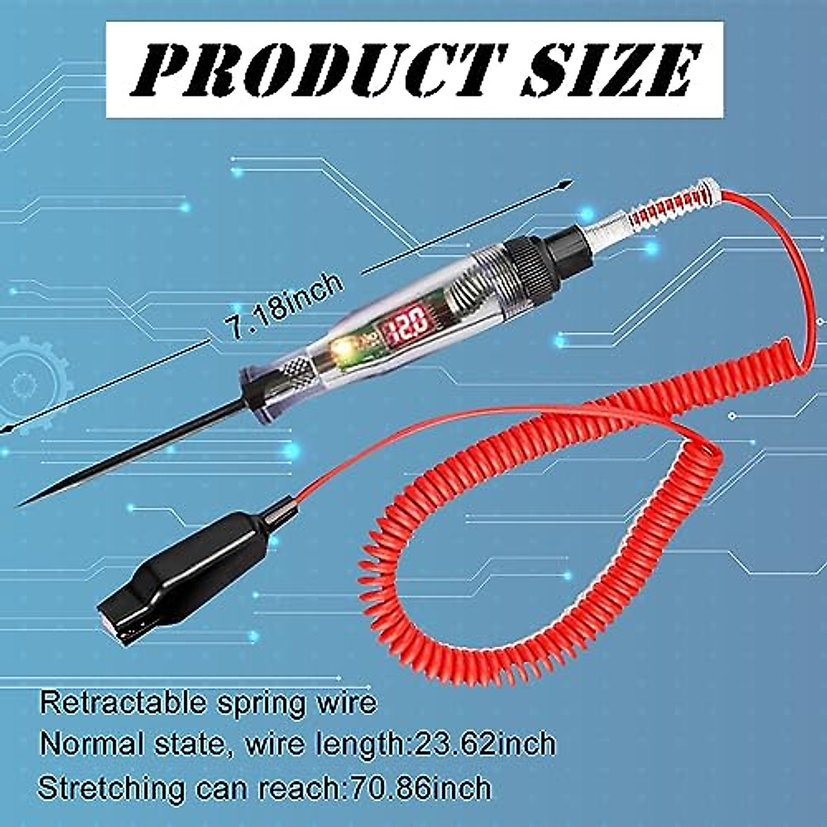 Hawyet 1 PC 6V/12V/24V Auto Bidirectional Voltage Tester, Car Test Light Digital LED Circuit Tester with Extended Spring Wire, DC Inductive Test Pen (Red #Clip)
