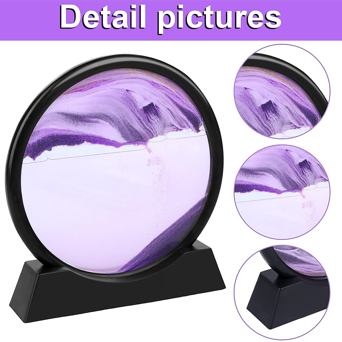 Moving Sand Art Flowing Sand Painting 3D Natural Landscape Dynamic Sand Painting,Round Glass Sea Sand Painting Artistic Sandscape for Home Ornament Desktop Art Bookshelves Decoration(Purple,7 Inches)