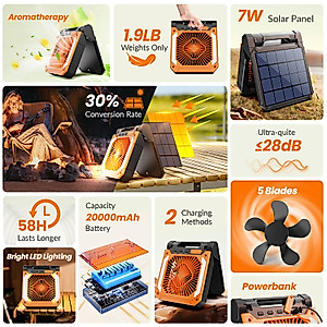 20000mAh Rechargeable Solar Powered Portable Fan with Led Lantern, 3 Speeds Cordless Battery Operated Camping Fan with PowerBank,Timer, Hangble & Quiet Desk Fan for Tent Hurricane Worksite (Orange)