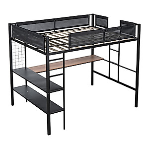 NCKMYB Metal Loft Bed with Desk and Shelves, Full Size Loft Bed with 2 Ladders and 2 Tier Shelves, for Teen Adult or Dorm, Black