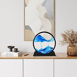 Moving Sand Art Picture - 3D Quicksand Painting Decor - Round Glass 3D Deep Sea Sandscape - Relaxing Home Decoration Desk Toys for Home Office Desk Mantle Bookshelf- (Blue, 7 in)