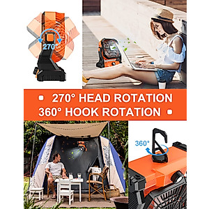 Camping Fan for Tent, 15000mAh Rechargeable Battery Operated Fan, Portable Tent Fan for Camping with Light, Hook, Timer, 270° Rotation, Outdoor USB Fan for Picnic BBQ Fishing Travel Hurricane Jobsite
