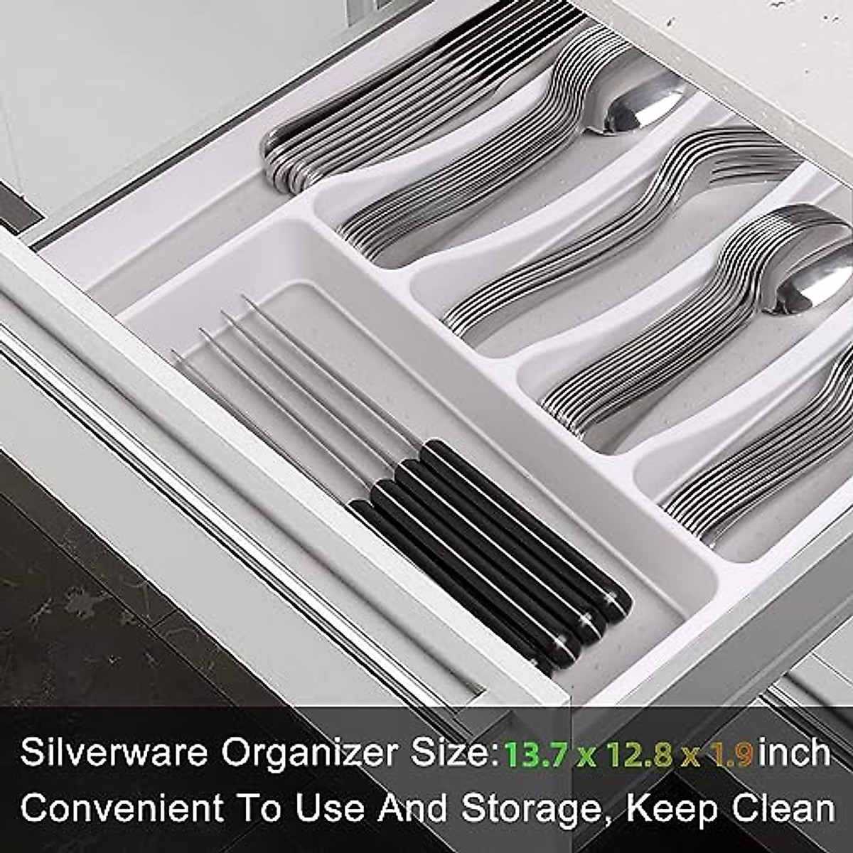 49-Piece Silverware Set with Flatware Drawer Organizer, Durable Stainless Steel Cutlery Set for 8, Mirror Polished Kitchen Utensils Tableware Service with Steak Knives Dinner Fork Knife Spoon & Tray